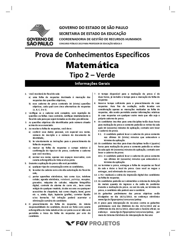 Prova FGV 2013 Concurso Mat | PDF