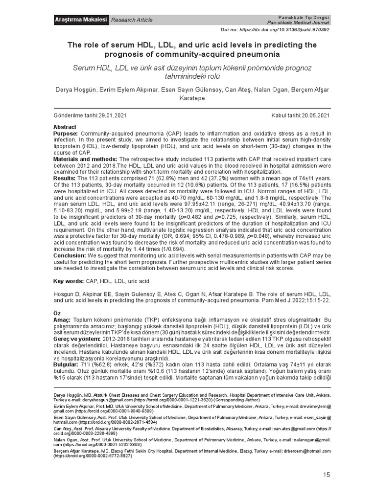 The Role of Serum HLD LDL and Uric Acid Levels in | PDF | High Density Lipoprotein | Low Density ...
