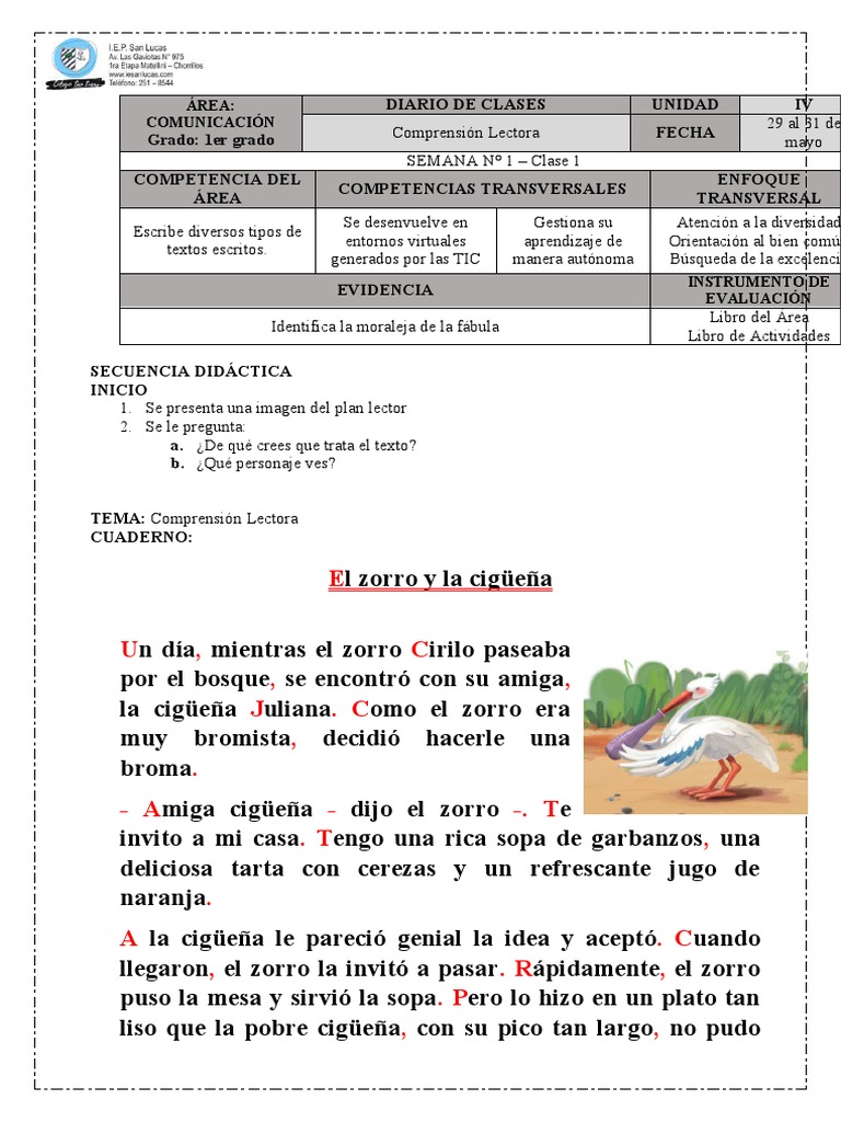 Fábula: El Zorro y la Cigüeña | PDF