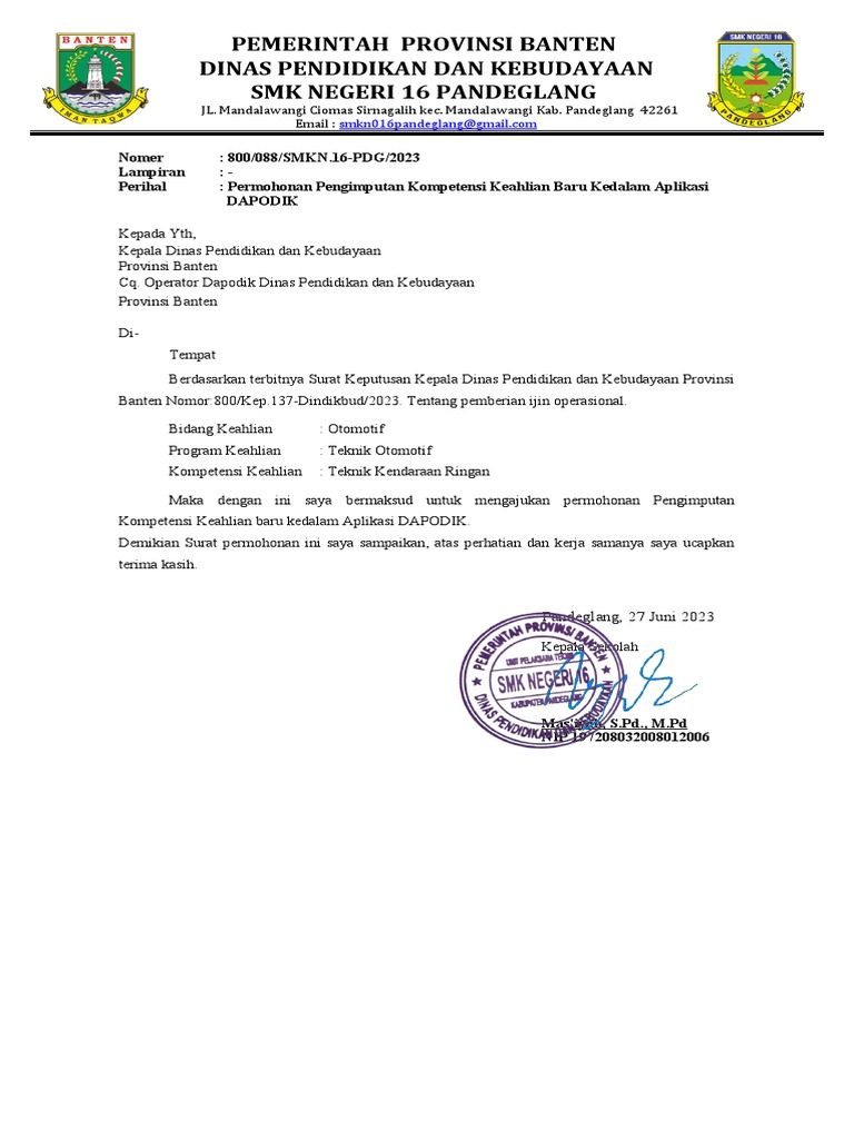 Surat Permohonan Jurusan TKR | PDF