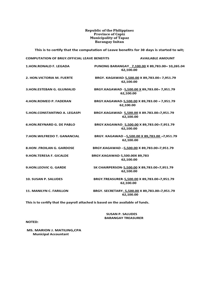 Computation of Leave Benefits of Barangay Officials of Barangay Carida ...