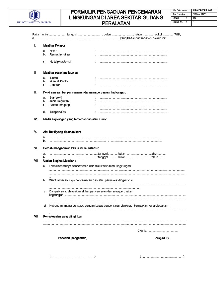 Form Komplain Warga Atas Pencemaran Lingkungan | PDF | Teknologi & Rekayasa