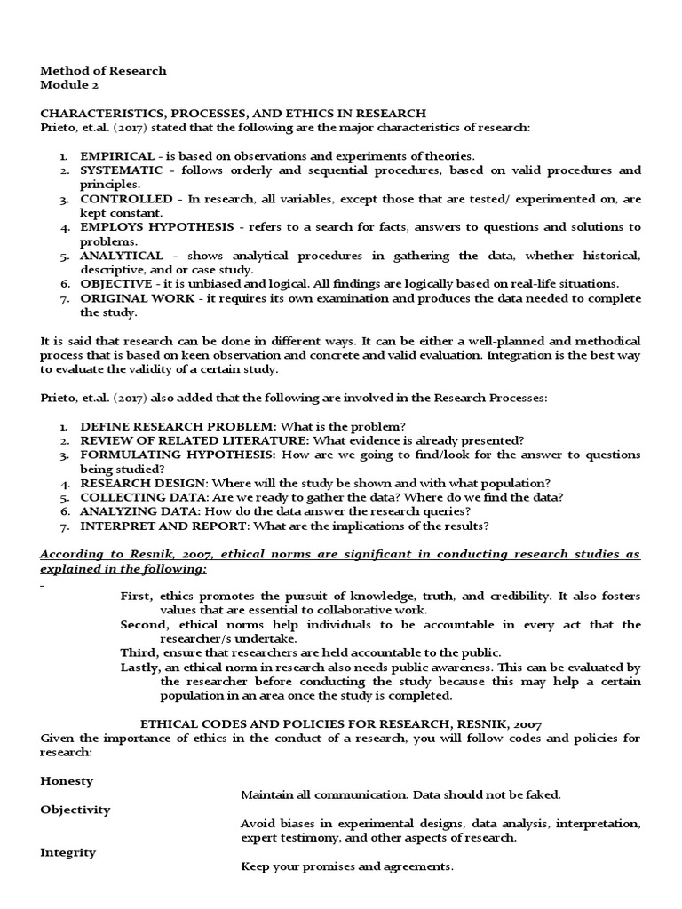 Research Module 2 CHARACTERISTICS, PROCESSES, AND ETHICS IN RESEARCH | PDF