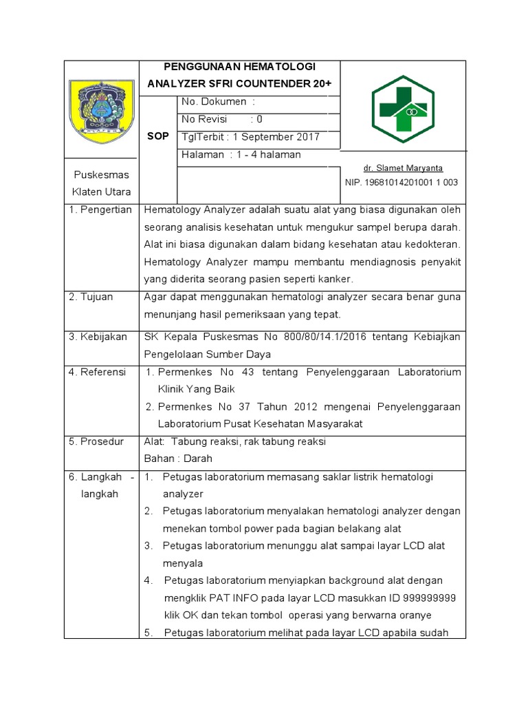 Sop Hematologi Analyzer | PDF