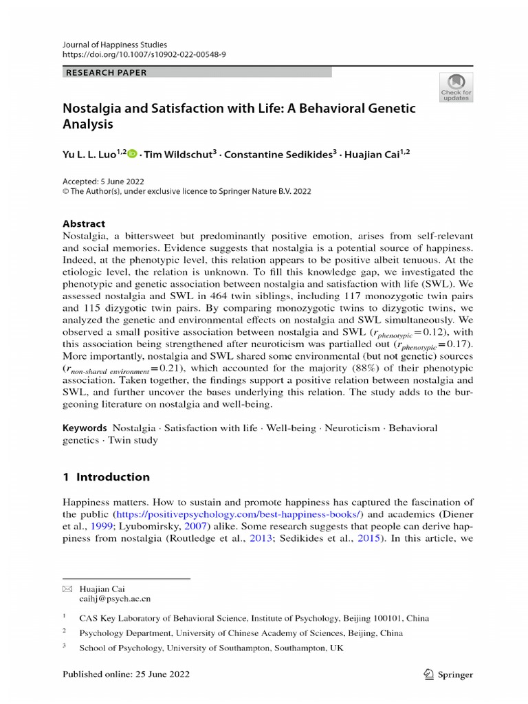 Luo_Cai_2022_Nostalgia and Satisfaction with Life_ A Behavioral Genetic ...