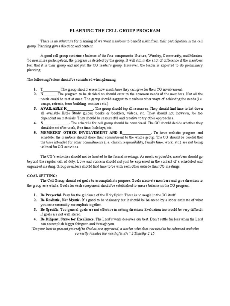 06 - Planning The Cell Group Program | PDF | Prayer | Worship