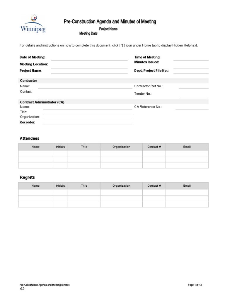 Pre-Construction Agenda and Meeting Minutes v2.0 | PDF | General ...