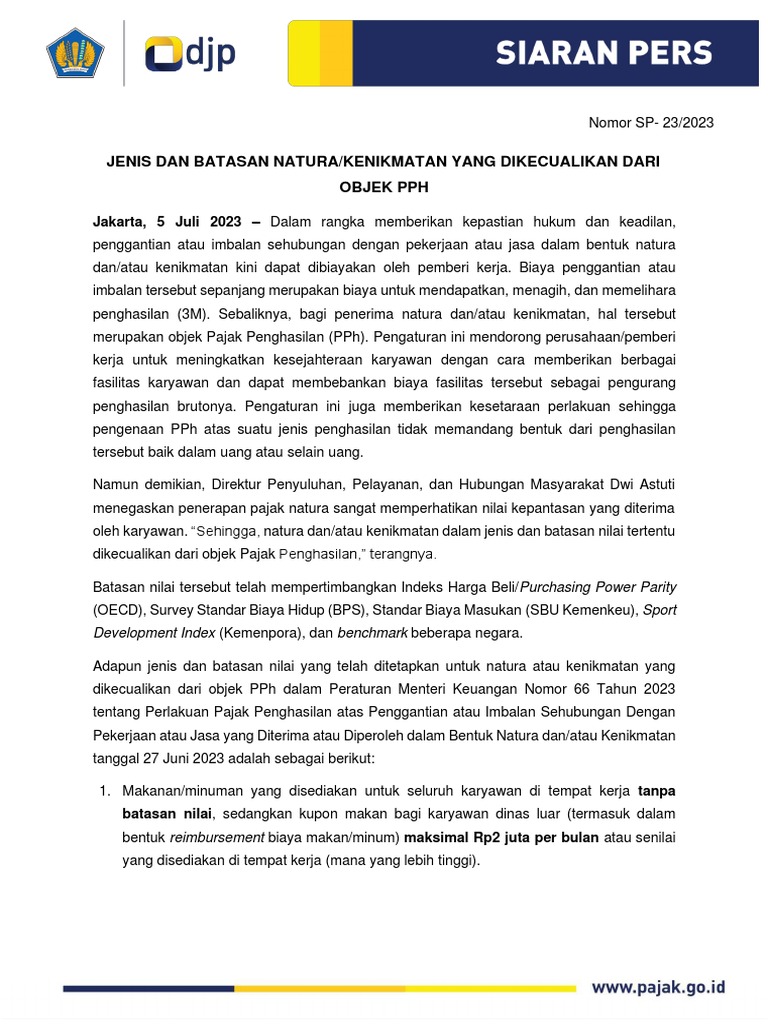 Siaran Pers - SP - 23 2023 Jenis Dan Batasan Natura Kenikmatan Yang ... Siaran Pers - SP - 23 2023 Jenis Dan Batasan Natura Kenikmatan Yang ...