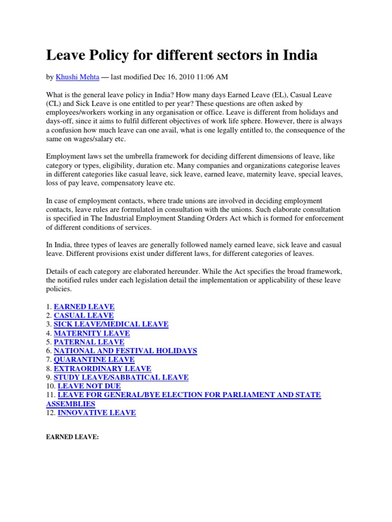 Leave Act in India | PDF | Parental Leave | Sick Leave