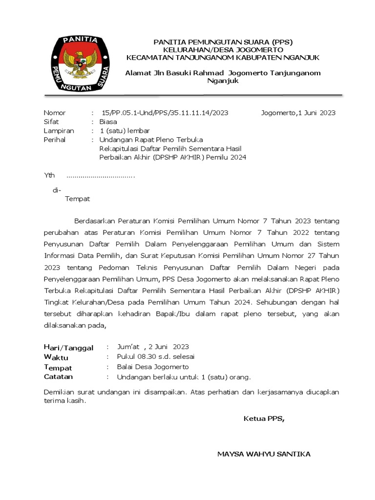 Undangan Rapat Pleno DPSHP 2024 | PDF