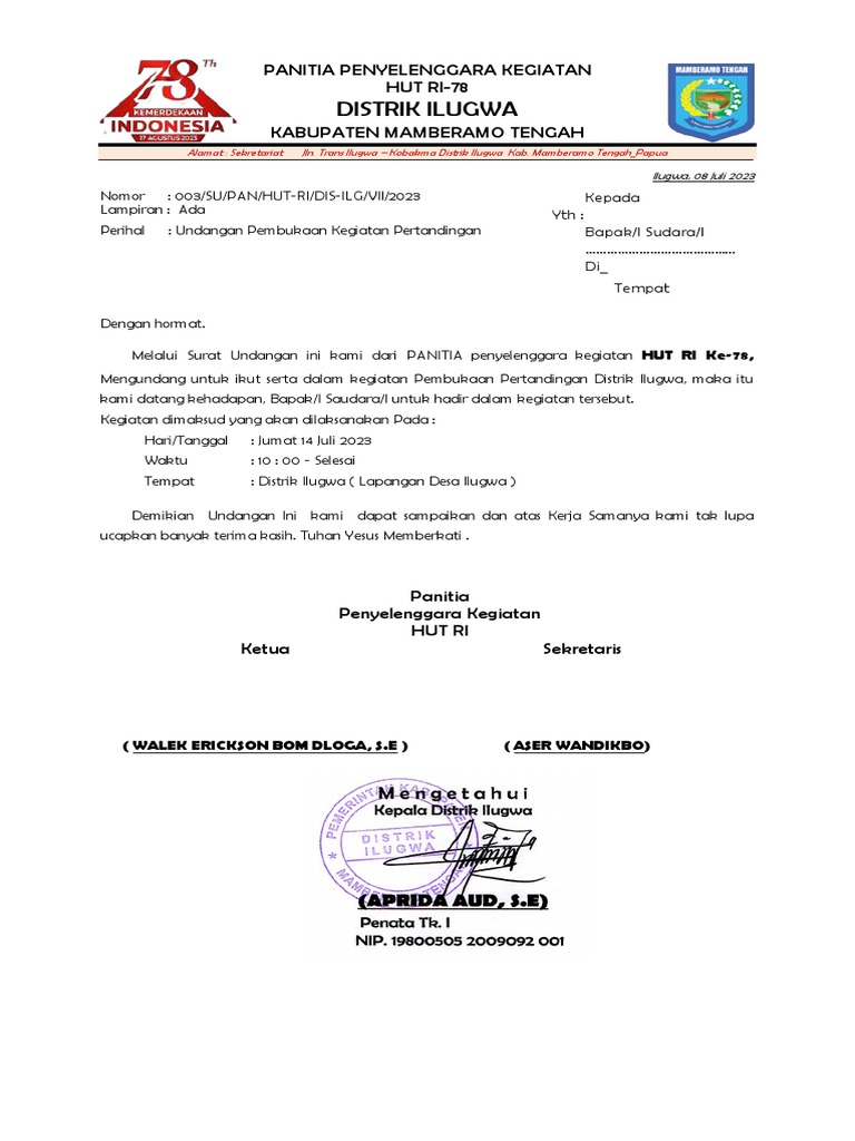 Undangan Pembukaan HUT RI-78 Ilugwa | PDF