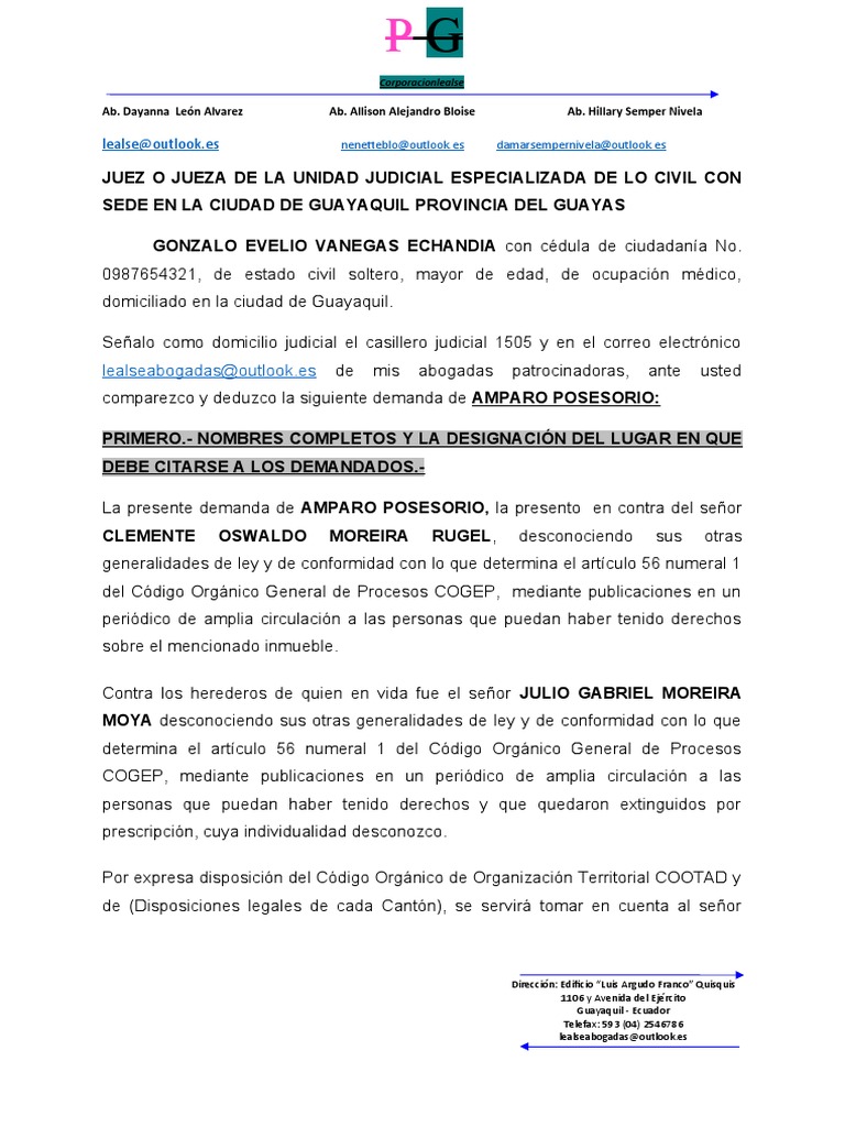 Modelo Ejemplo de Amparo Posesorio | PDF | Ecuador | Derecho Civil ...