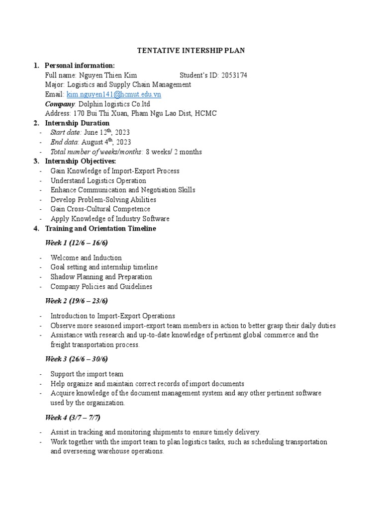 Internship Plan for Kim Nguyen | PDF | Logistics | Supply Chain
