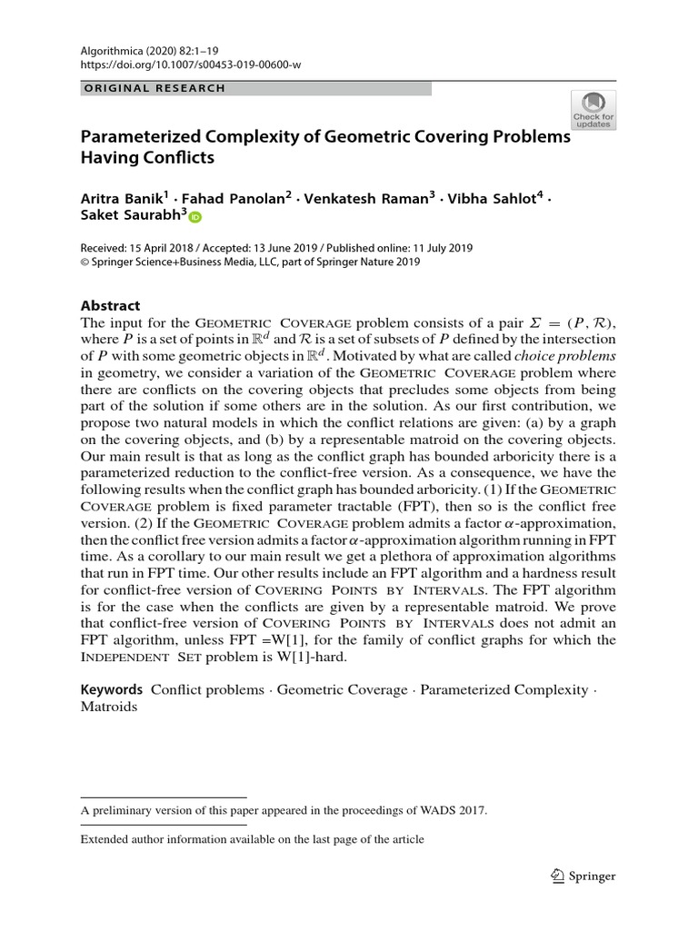 Parameterized Complexity of Geometric Covering Problems Having Conflicts | PDF | Computational ...