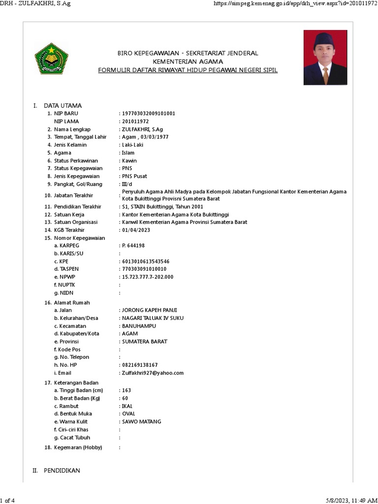 Contoh DRH - ZULFAKHRI, S.Ag | PDF