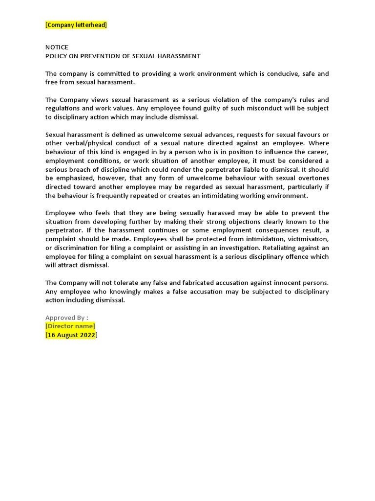 Workplace Harassment Policy | PDF