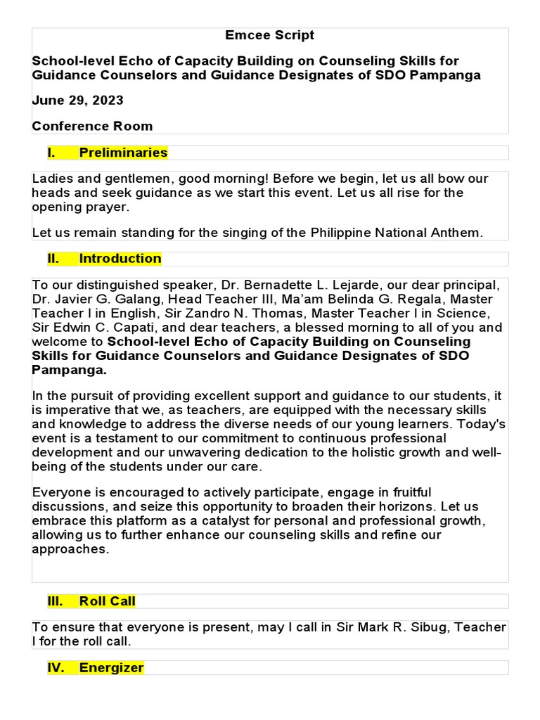 Emcee Script GUIDANCE ECHO | PDF