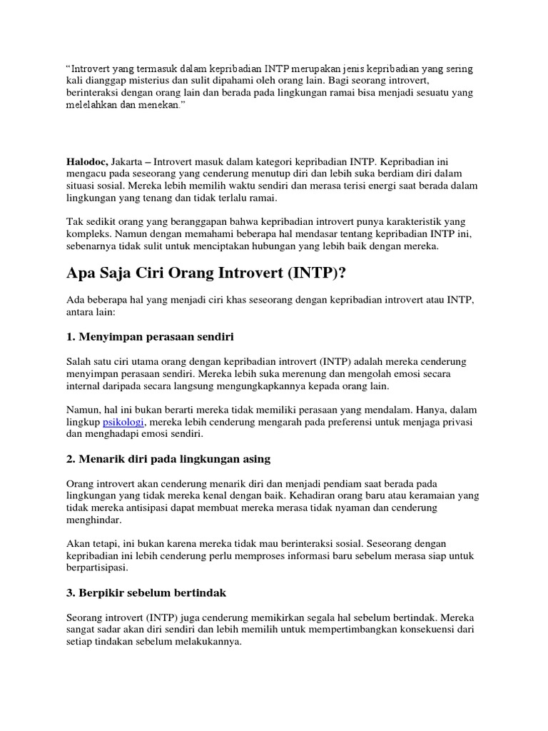 Introvert Kepribadian INTP Merupakan Jenis Kepribadian Misterius | PDF