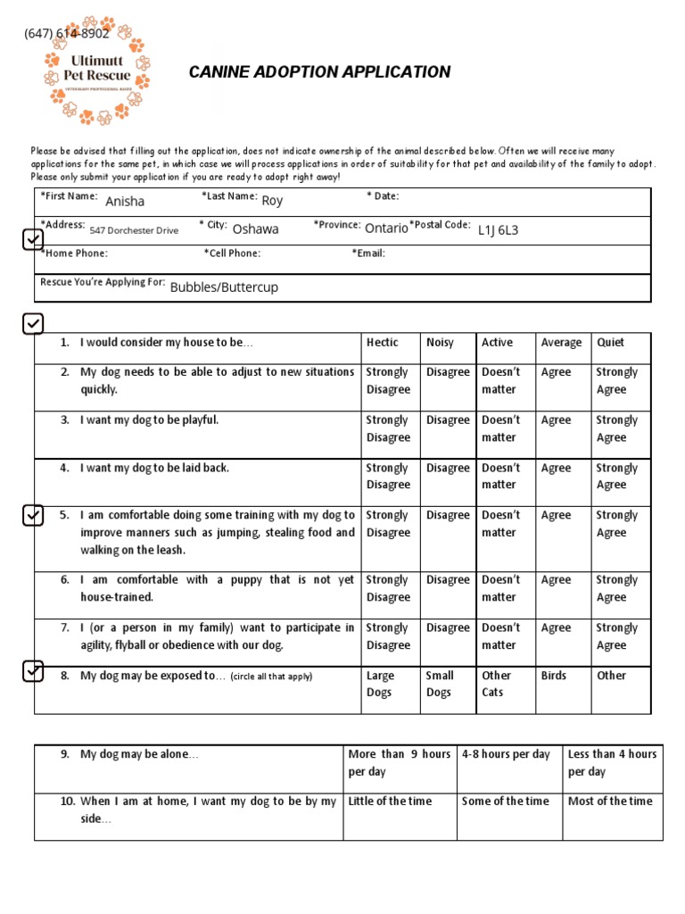 Canine Adoption Application Form | PDF | Dogs | Pet