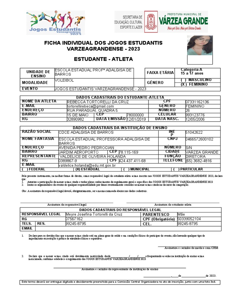 Ficha de Atleta - Jogos Estudantis 2023 Rebecca Ok | PDF Ficha de Atleta - Jogos Estudantis 2023 Rebecca Ok | PDF
