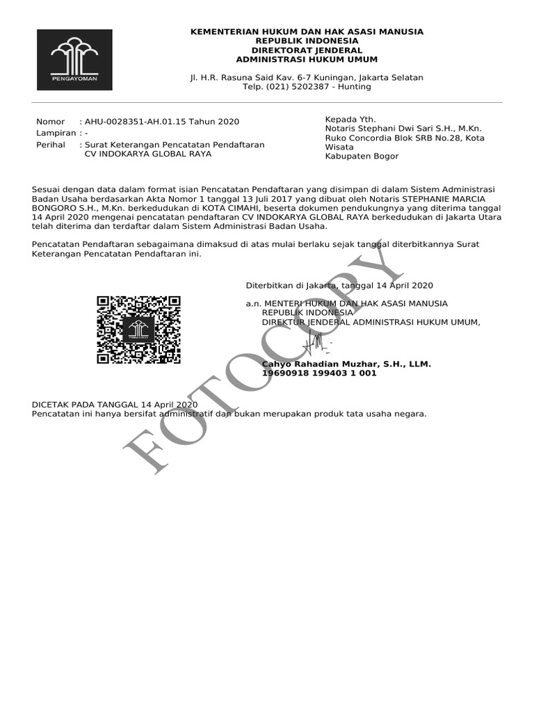 Akta Pendirian & Perubahan CV Igr + SK | PDF