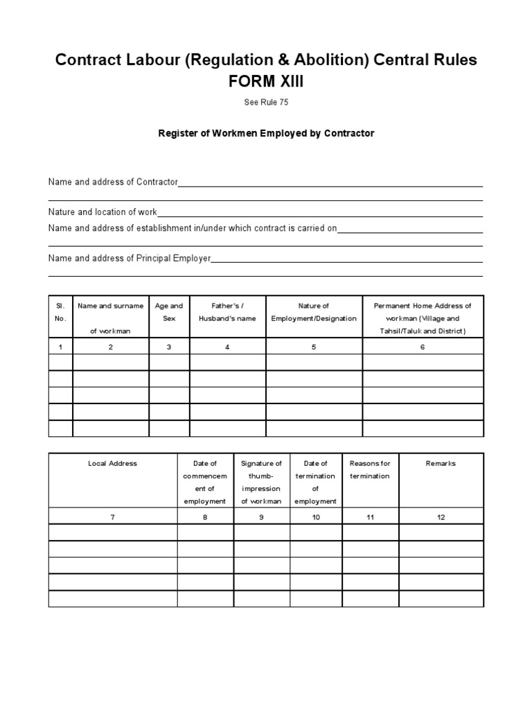 Register of Contract Workmen | PDF