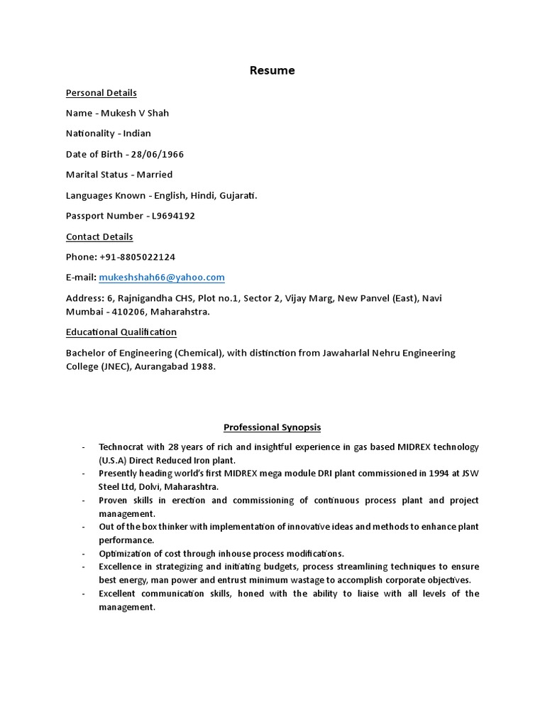 Resume - Mukesh V Shah | PDF