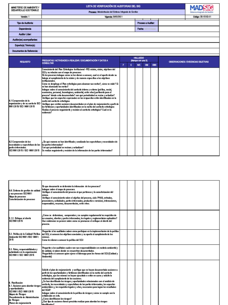 Lista de Verificacion de Auditorias Del SIG | PDF | Auditoría | Planificación