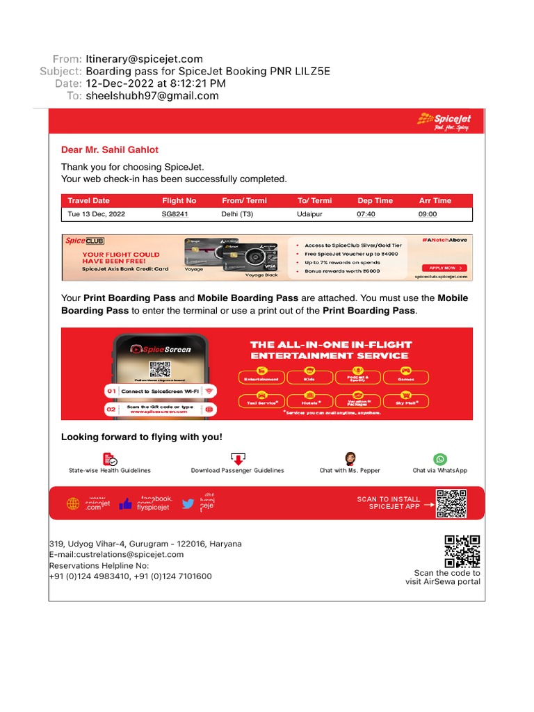 Boarding Pass For SpiceJet Booking PNR LILZ5E | PDF