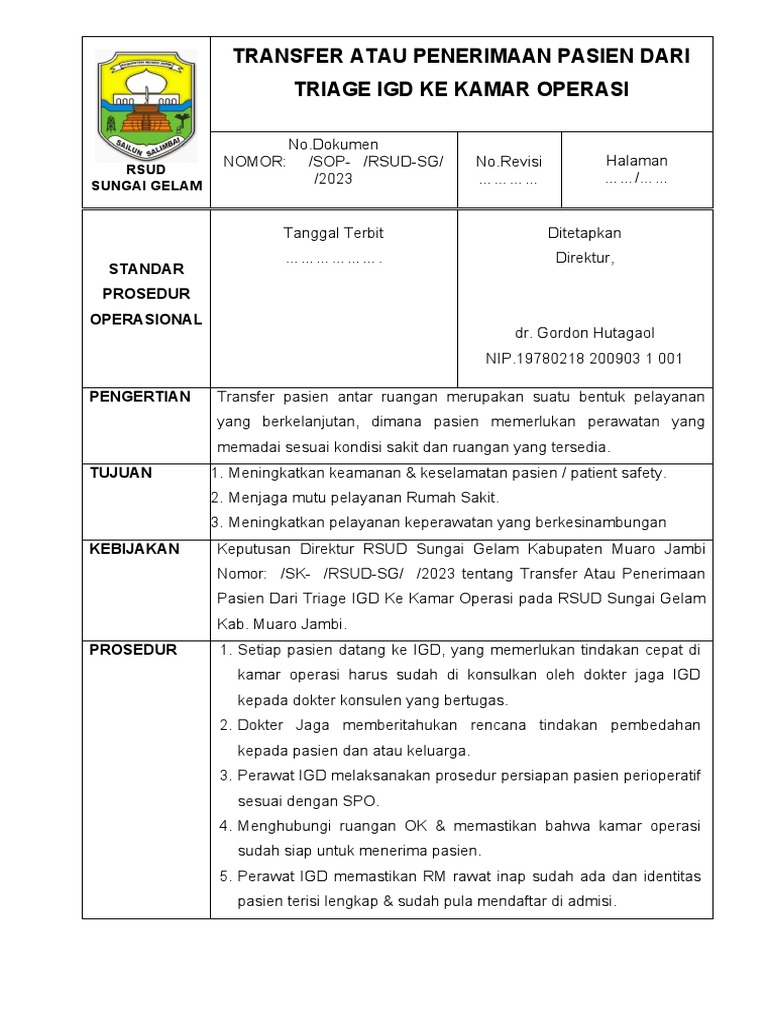 Sop Transfer Atau Penerimaan Pasien Dari Triage Igd Ke Kamar Operasi | PDF