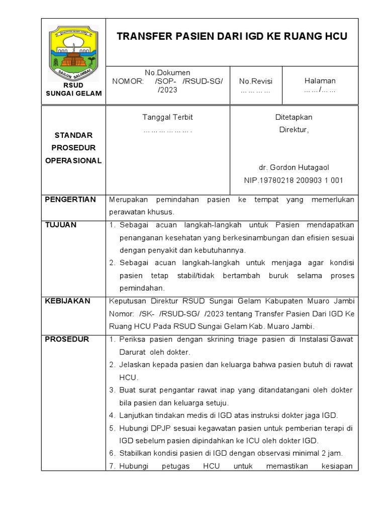 Sop Transfer Pasien Dari Igd Ke Ruang Hcu | PDF