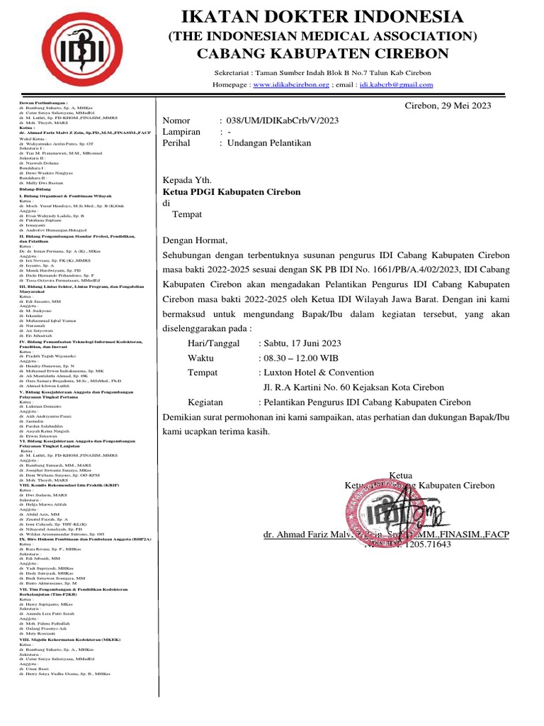 Undangan Pelantikan IDI Kab. CRB - PDGI Kab. CRB | PDF