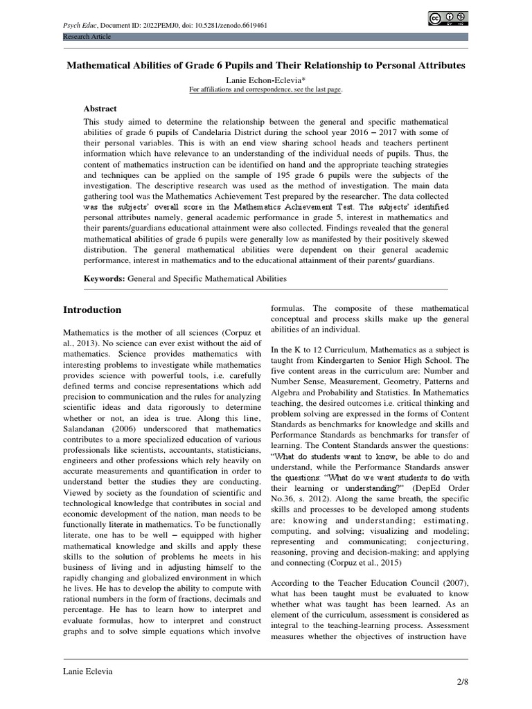Mathematical Abilities of Grade 6 Pupils and Their Relationship To ...