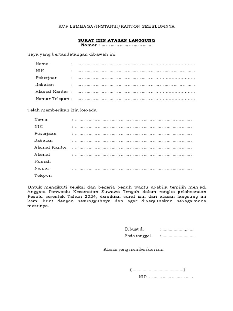 Contoh Surat Izin Atasan Langsung Bagi PNS | PDF Contoh Surat Izin Atasan Langsung Bagi PNS | PDF