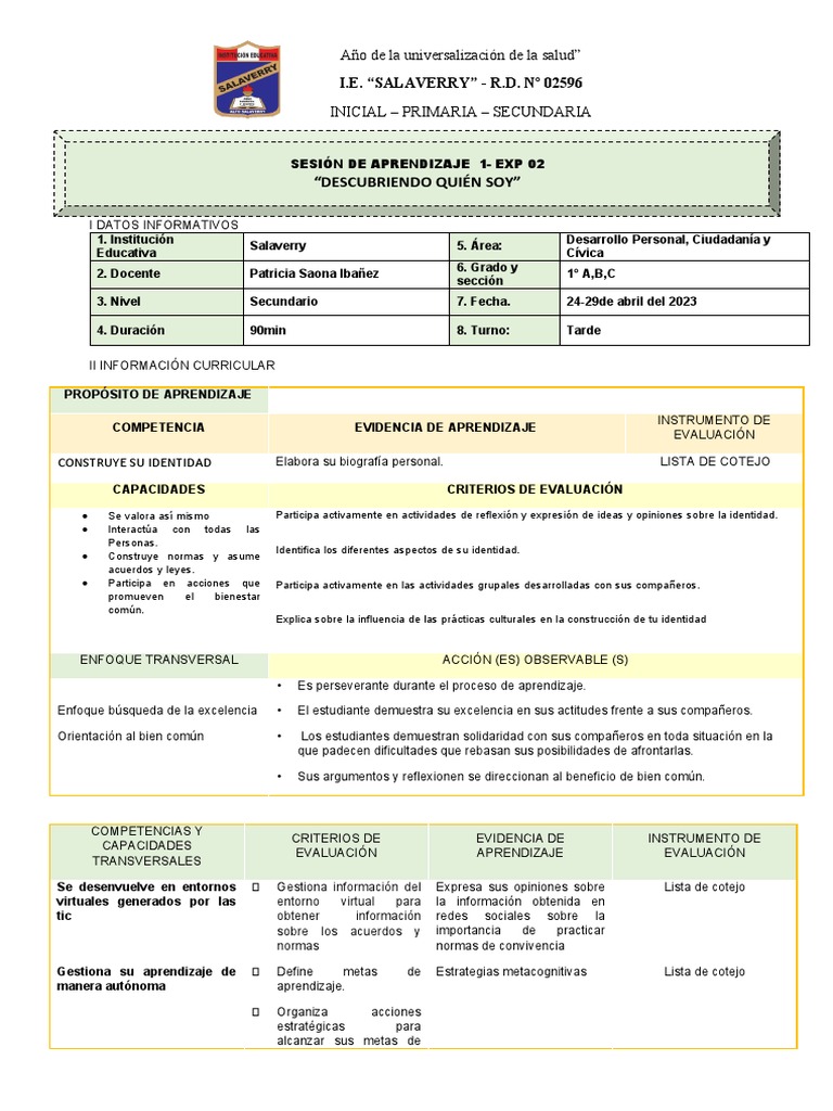 1° Sesión 1 DPCC Experiencia 02 | PDF | Evaluación | Aprendizaje