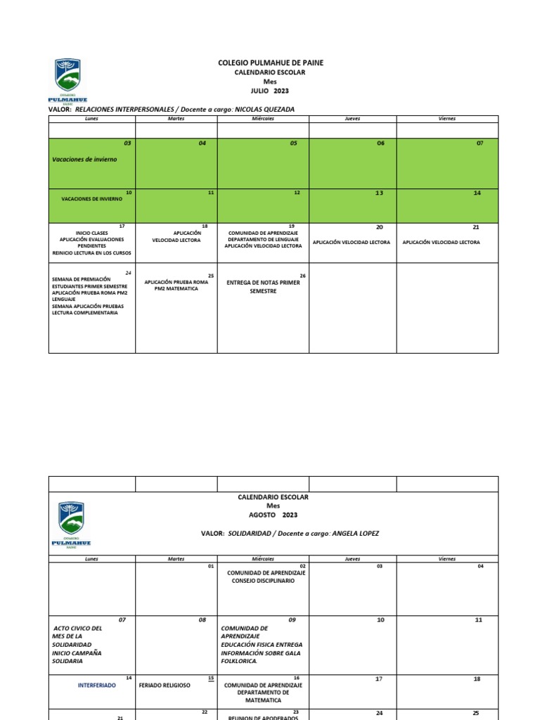 Calendario Escolar Julio y Agosto 2023 | PDF
