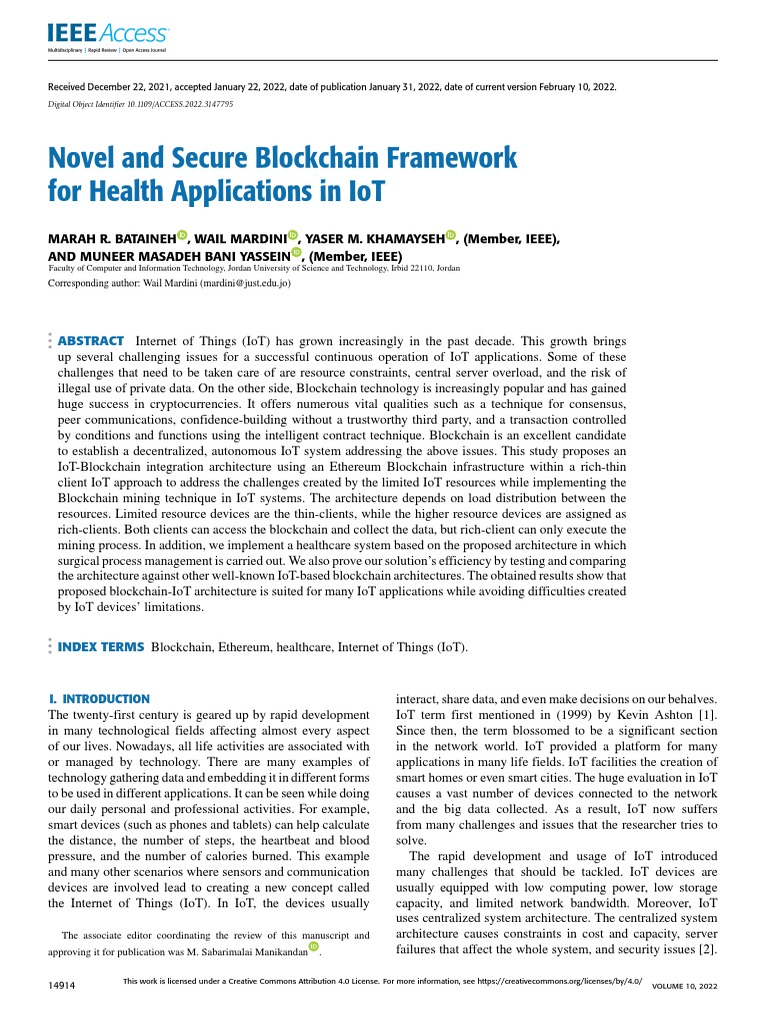 Novel And Secure Blockchain Framework For Health Applications In Iot Pdf Internet Of Things