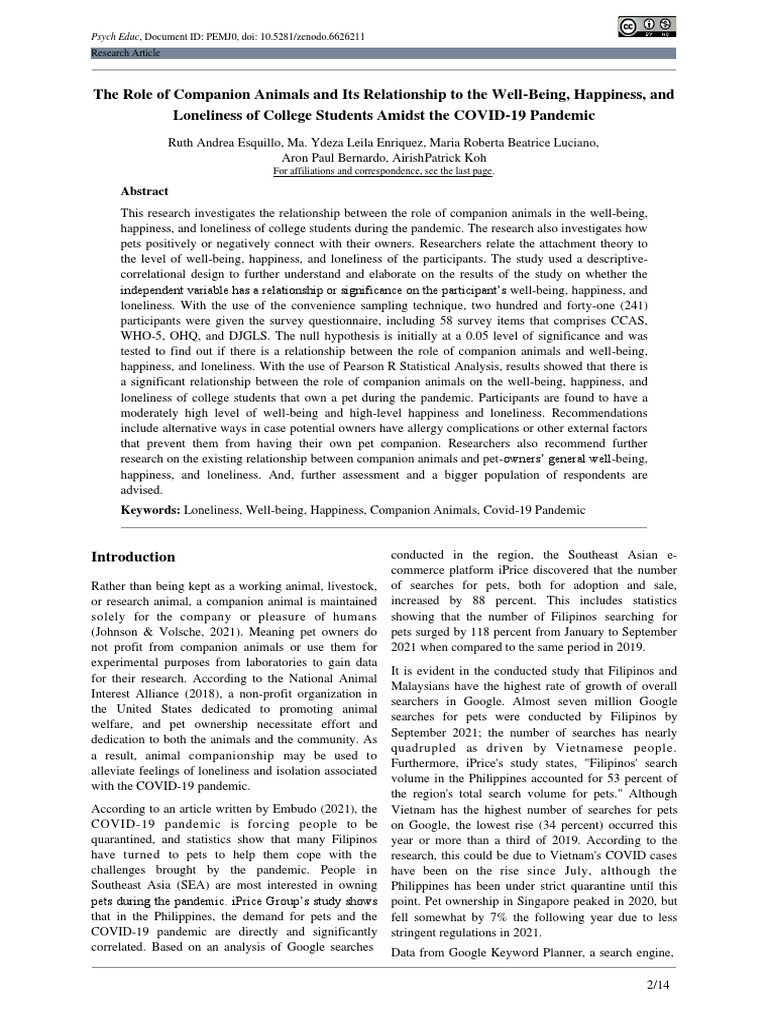 Companion Animals and Student Well-Being | PDF