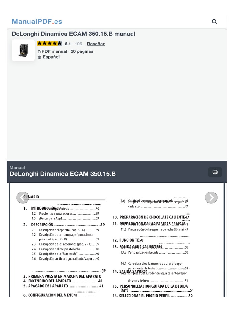 DeLonghi Dinamica ECAM 350.15.B Manual | PDF | Bebidas con cafeína | Líquidos