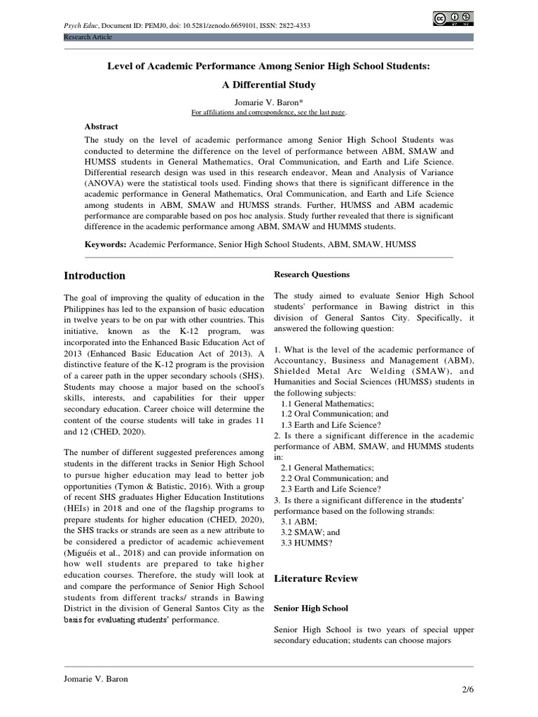 Level of Academic Performance Among Senior High School Students A ...