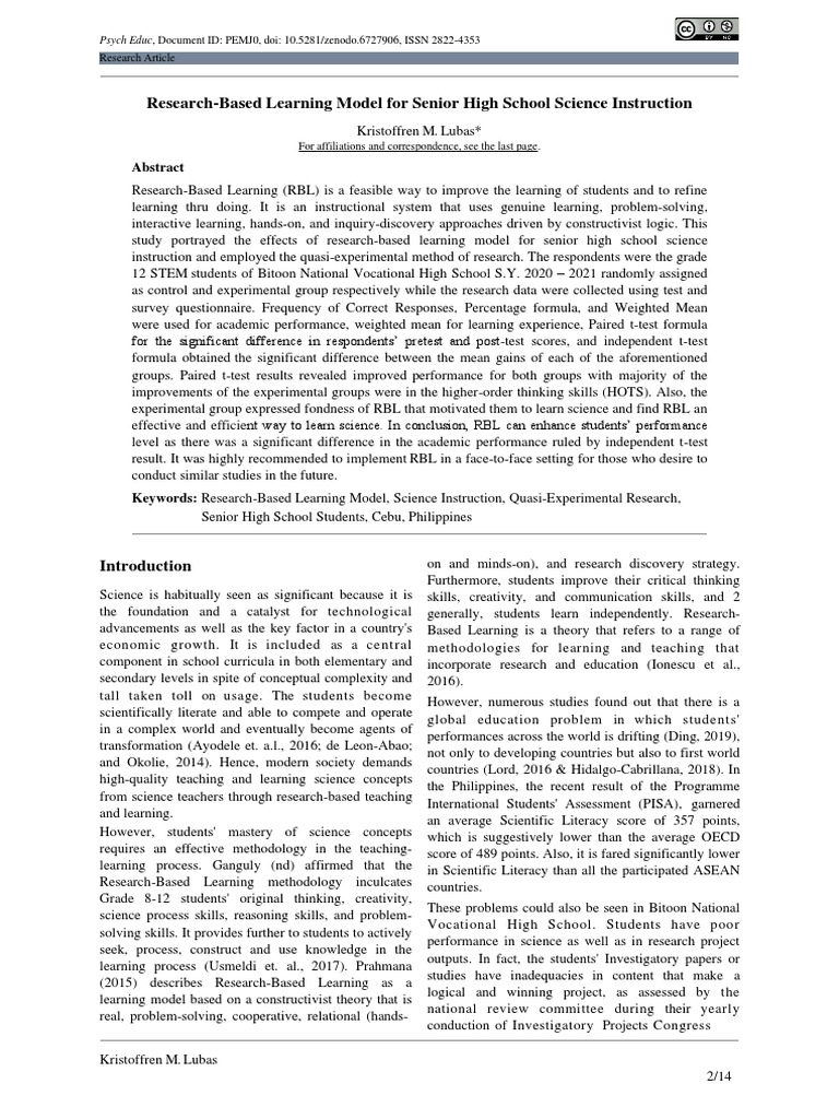 Research-Based Learning Model for Senior High School Science ...