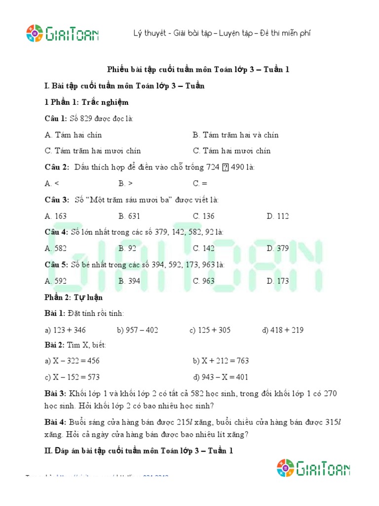 Bai Tap Cuoi Tuan Toan 3 Tuan 1 | PDF