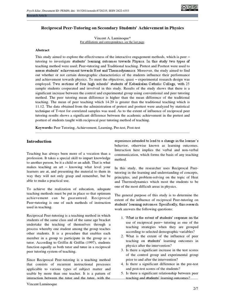 Reciprocal Peer-Tutoring on Secondary Students’ Achievement in Physics ...