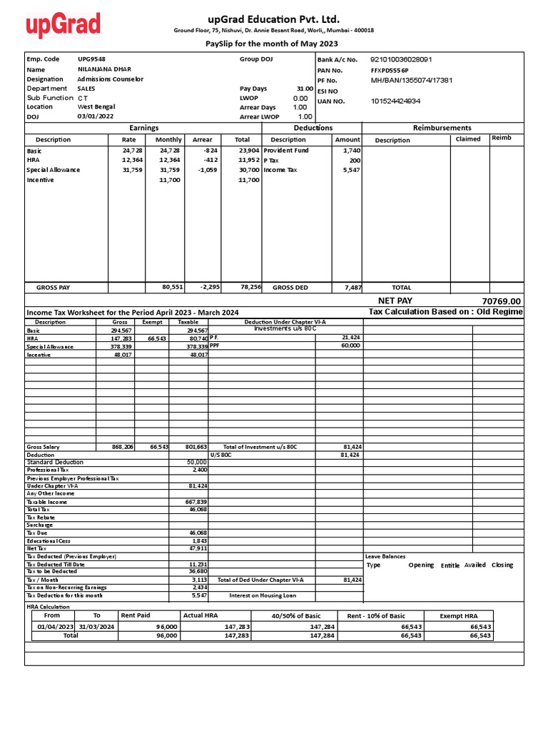 Upgrad Payslip | PDF | Tax Deduction | Taxes