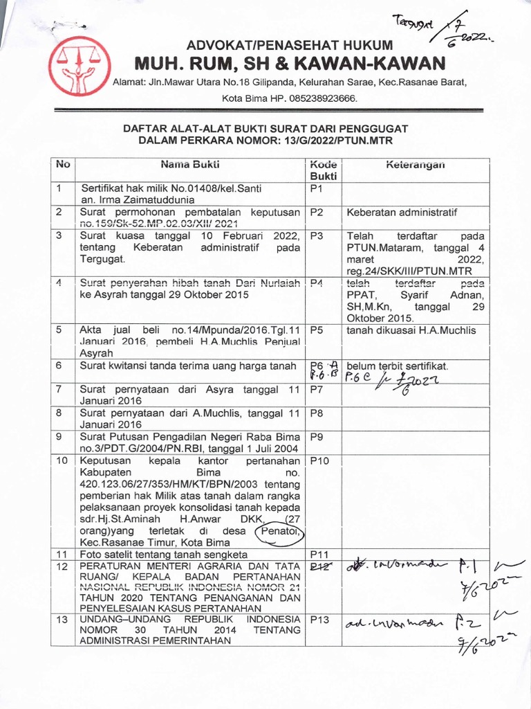 Daftar Alat Bukti Penggugat 1 | PDF