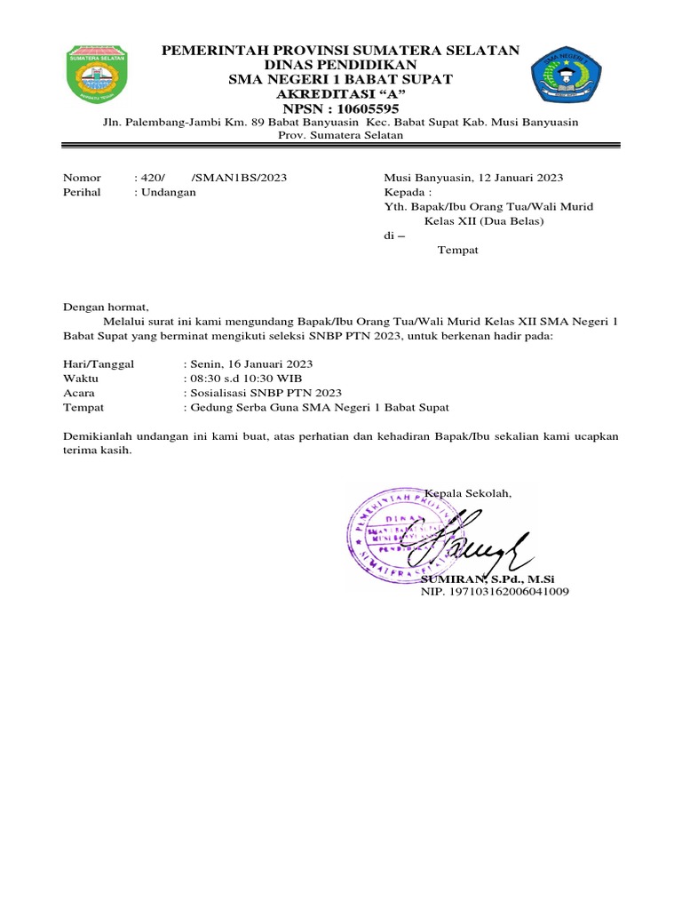 Surat Undangan SNBP PTN 2023 Untuk Wali Murid Kelas XII IPA-IPS | PDF