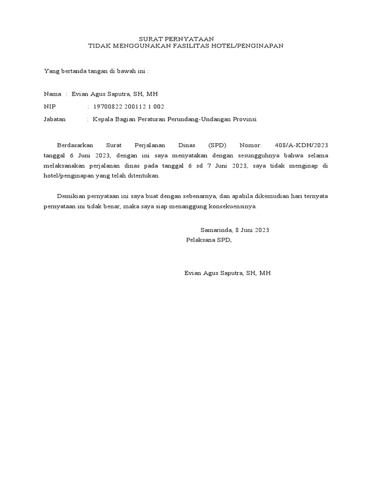 Surat Pernyataan Hotel 2019 | PDF