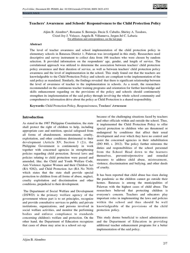 Teachers' Awareness and Schools' Responsiveness To The Child Protection ...