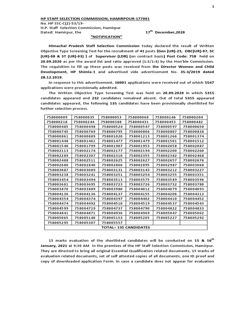 HPSSC Supervisor Test Results | PDF