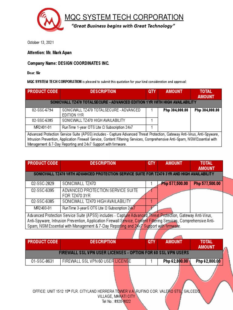 MQC Proposal Sonicwall Oct132021 | PDF | Security | Computer Security